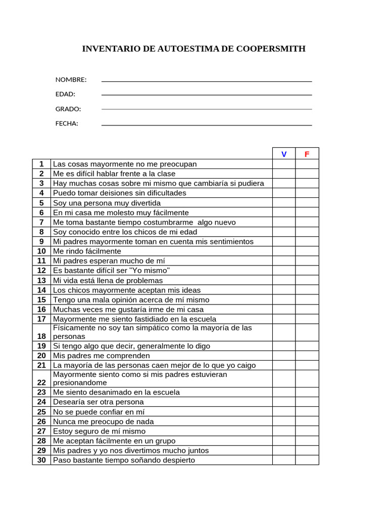 Inventario de Autoestima de Coopersmith | PDF