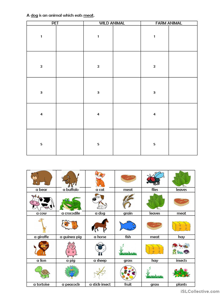 Pets, wild and farm animals-sorting activity | PDF