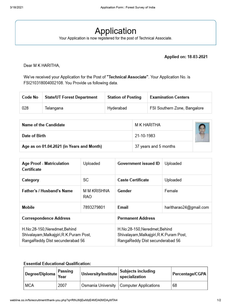 Application Form - Forest Survey of India | PDF