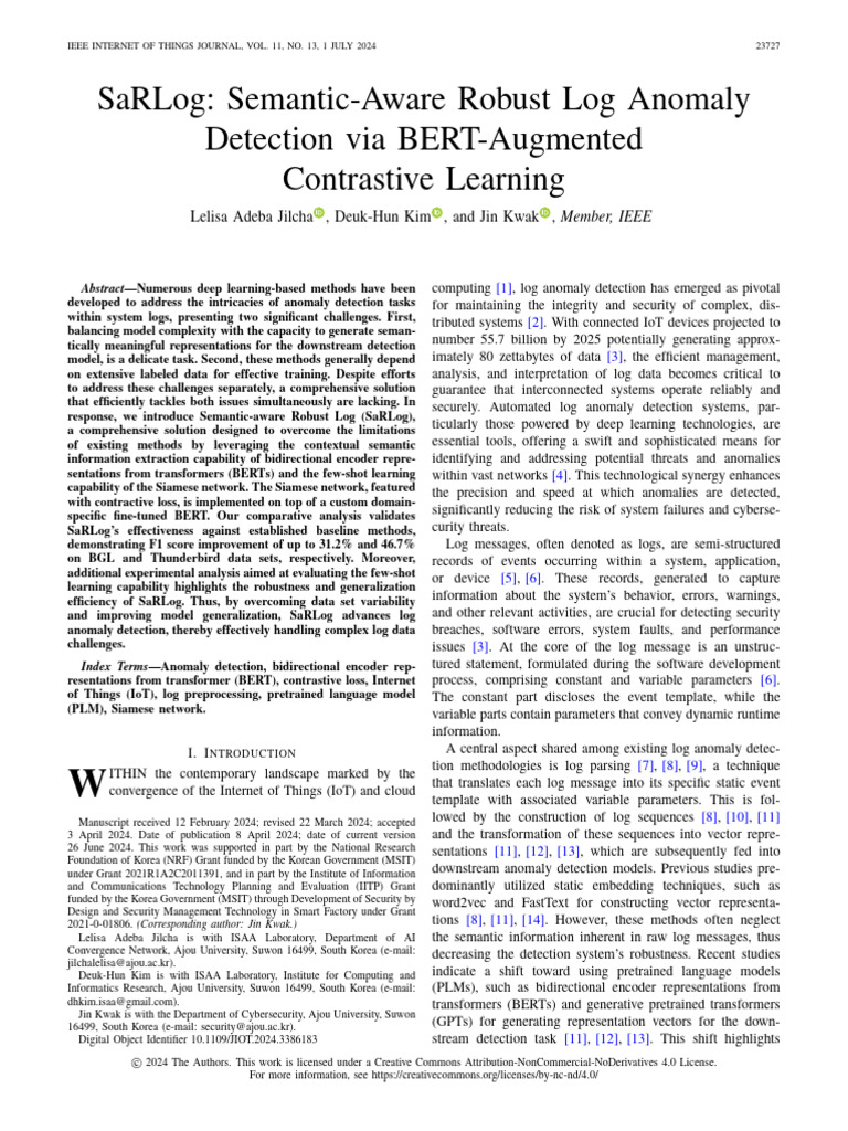 SaRLog Semantic-Aware Robust Log Anomaly Detection Via BERT-Augmented Contrastive Learning | PDF