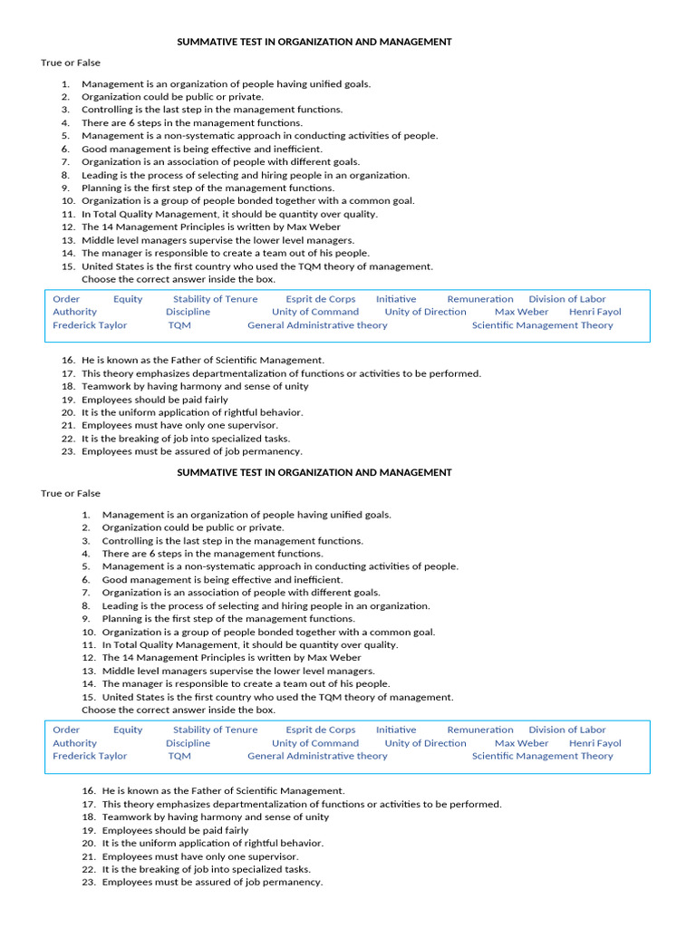 Summative Test in Organization and Management | PDF | Business | Psychology