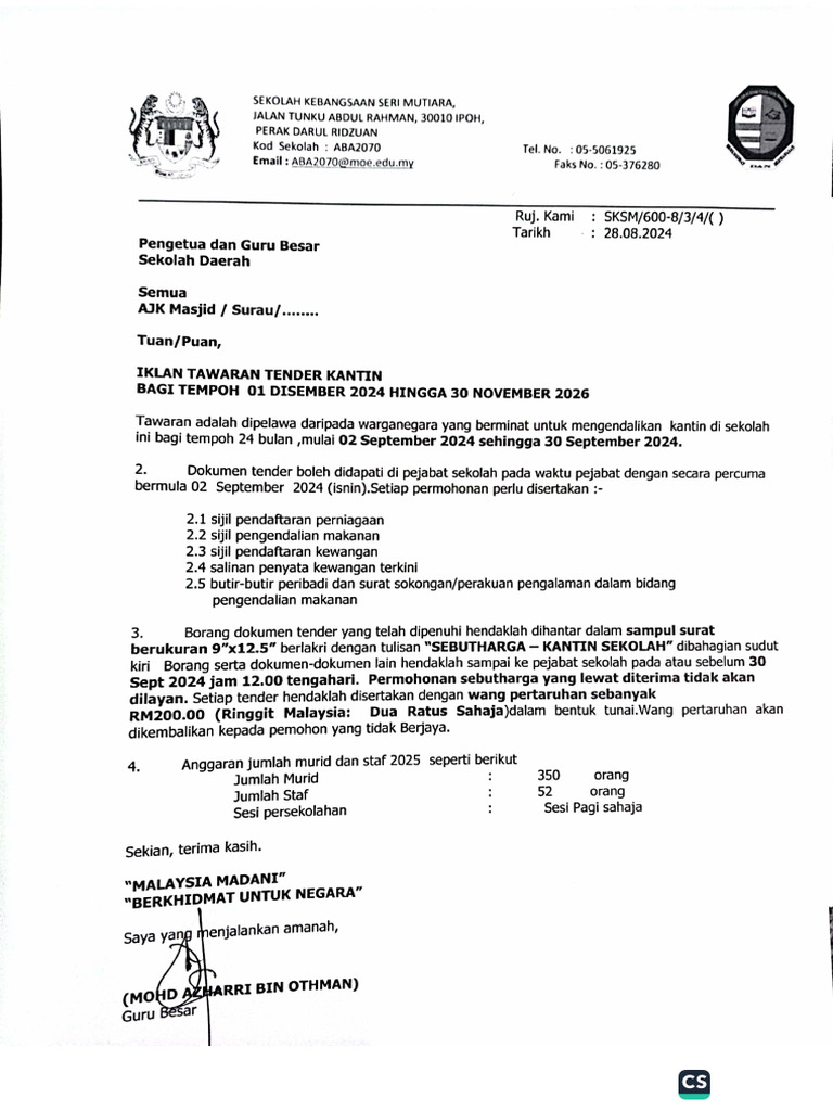Surat Iklan Tender Kantin SKSM 2024 | PDF