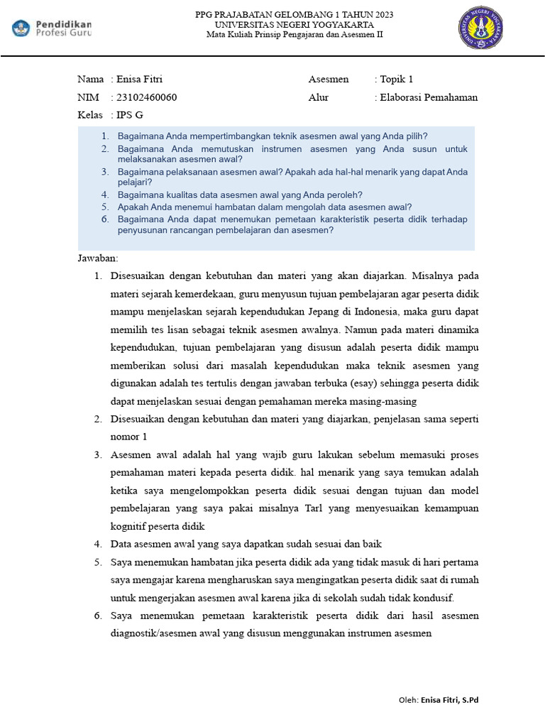 T1 - Enisa Fitri - 23102460060 - ELABORASI PEMAHAMAN PPA 2 | PDF