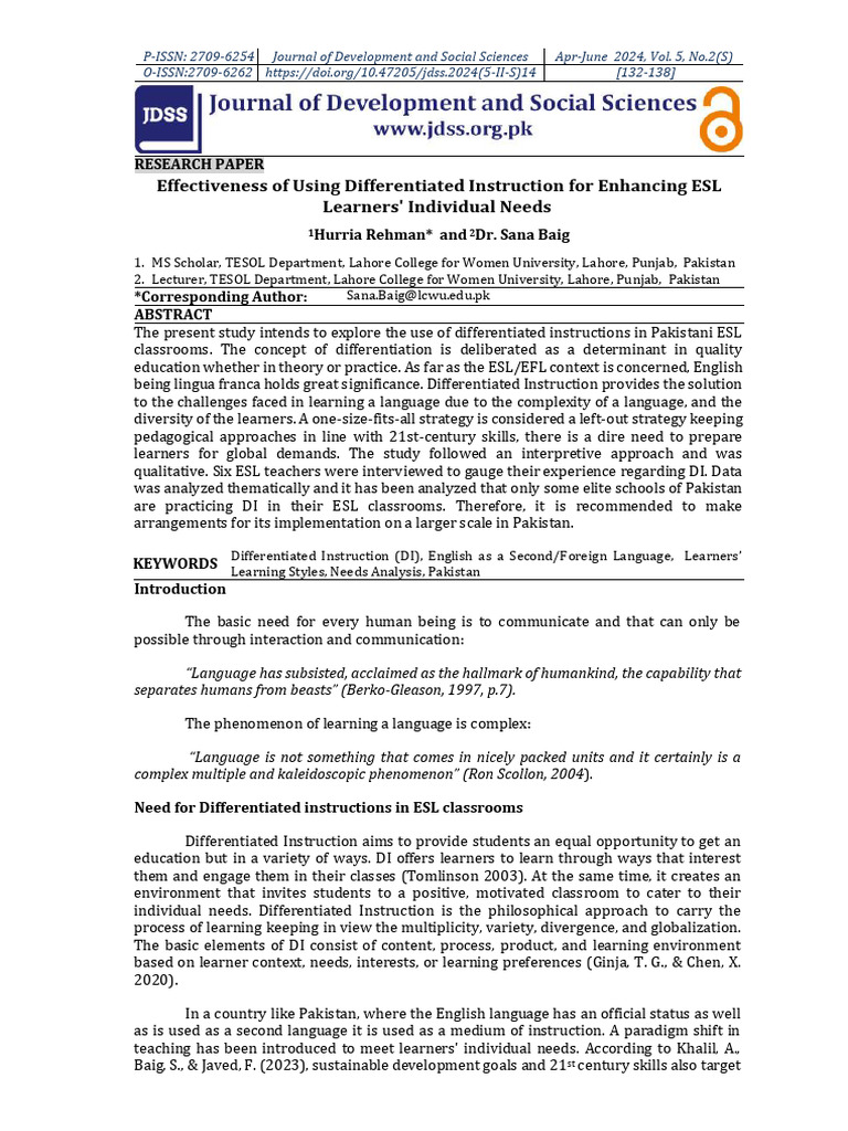 Effectiveness of Using Differentiated Instruction For Enhancing ESL Learners' Individual Needs | PDF