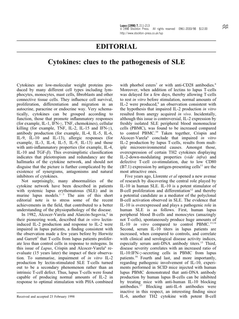 Lauwerys 1998 Cytokines Clues To The Pathogenesis of Sle | PDF