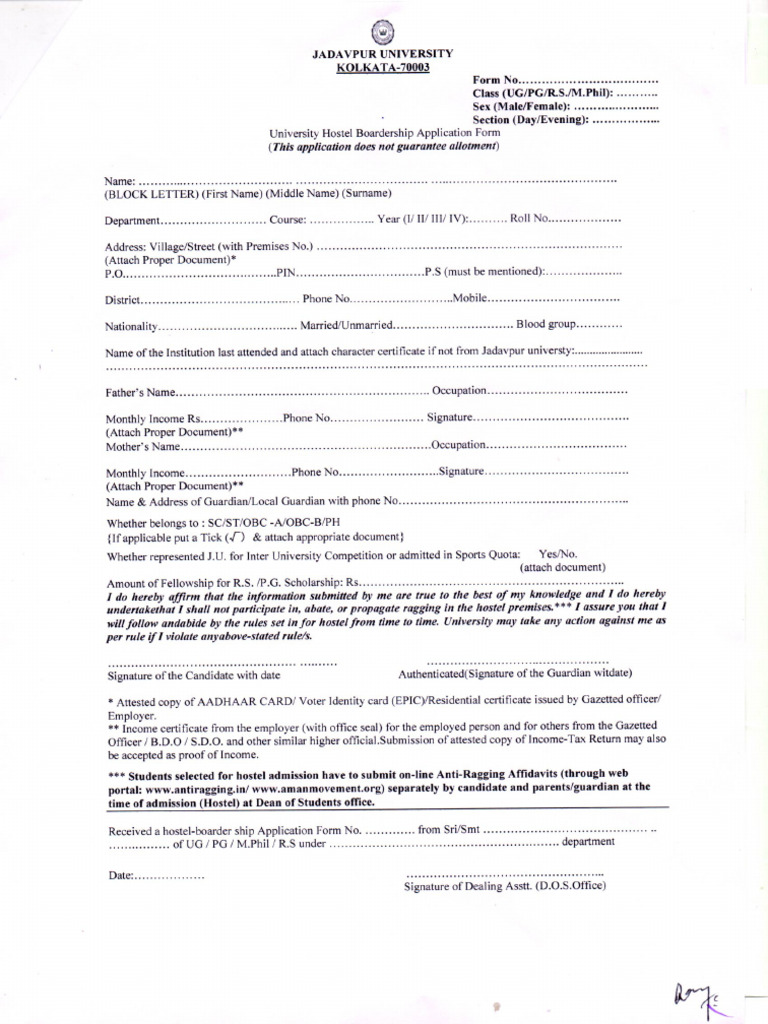 Hostel Form | PDF