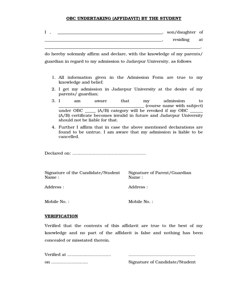 OBC Undertaking Affidavit | PDF