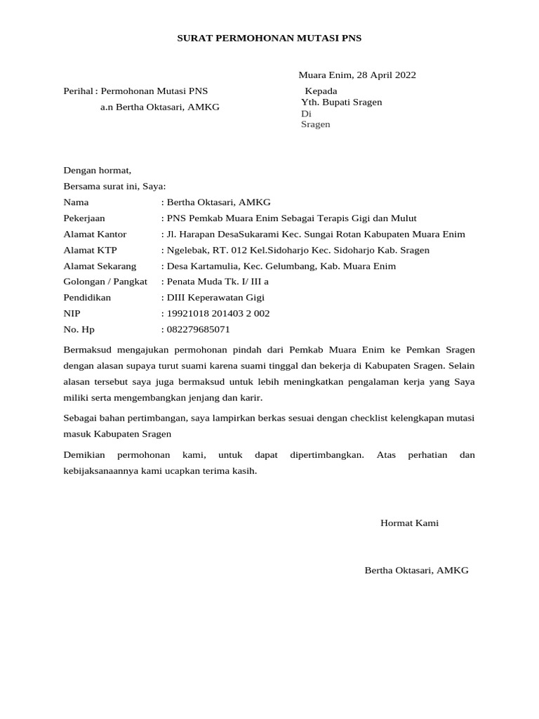 Surat Permohonan Mutasi Pns | PDF