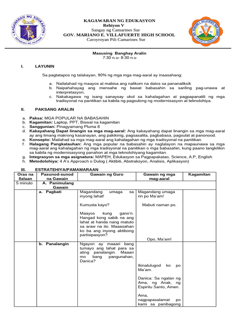 BANGHAY ARALIN (Mga Popular Na Babasahin) | PDF