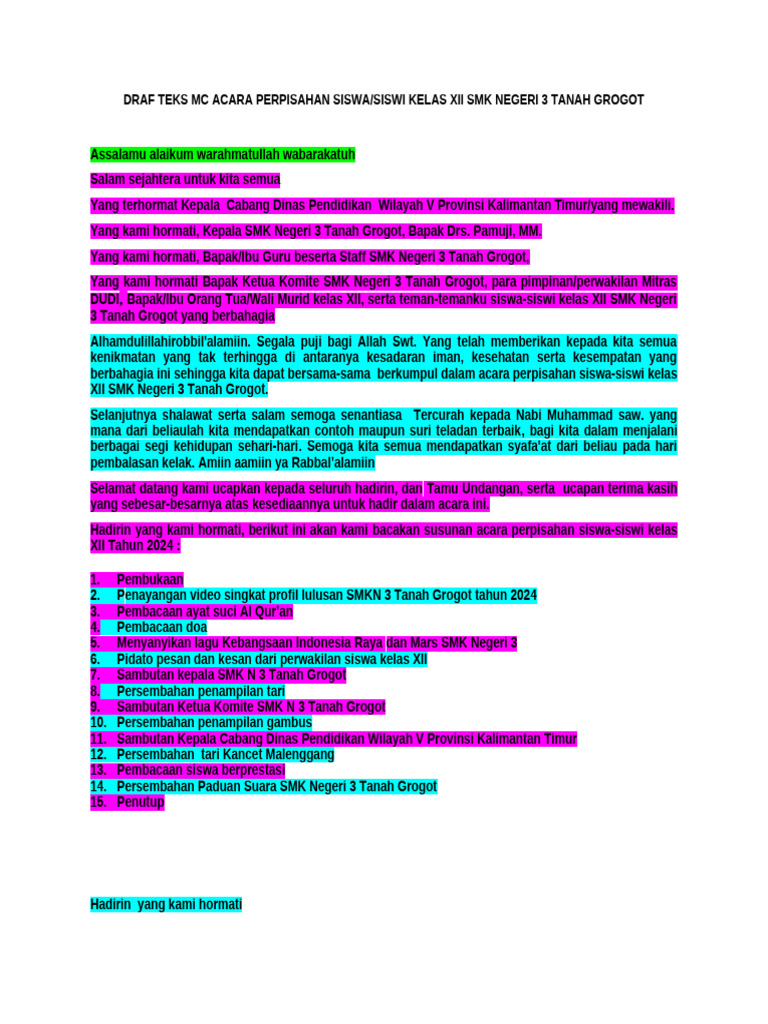 Draf Teks MC Acara Perpisahan Siswa | PDF