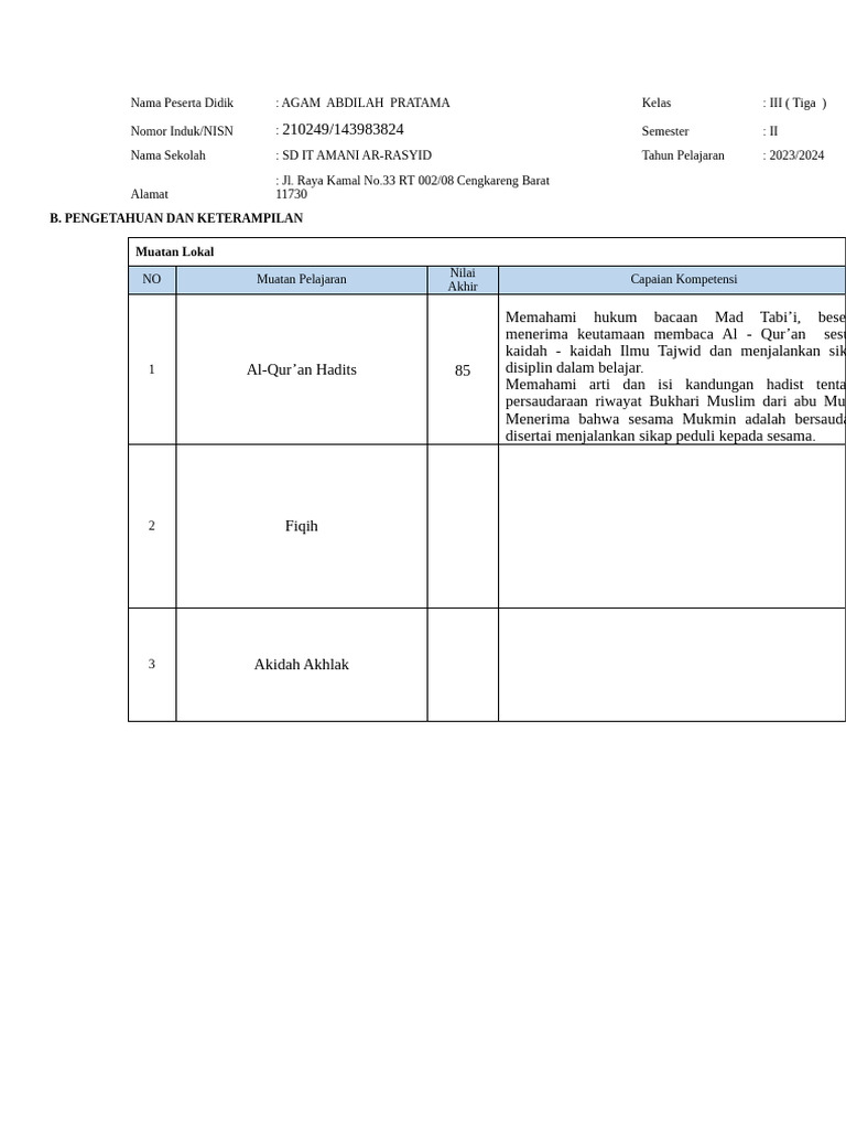 Raport Kelas 3 Baru | PDF
