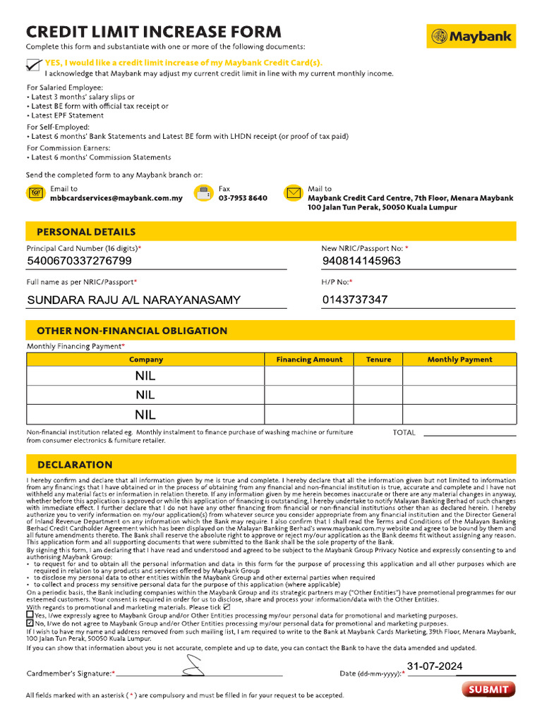Credit Limit Increase Application Form | PDF