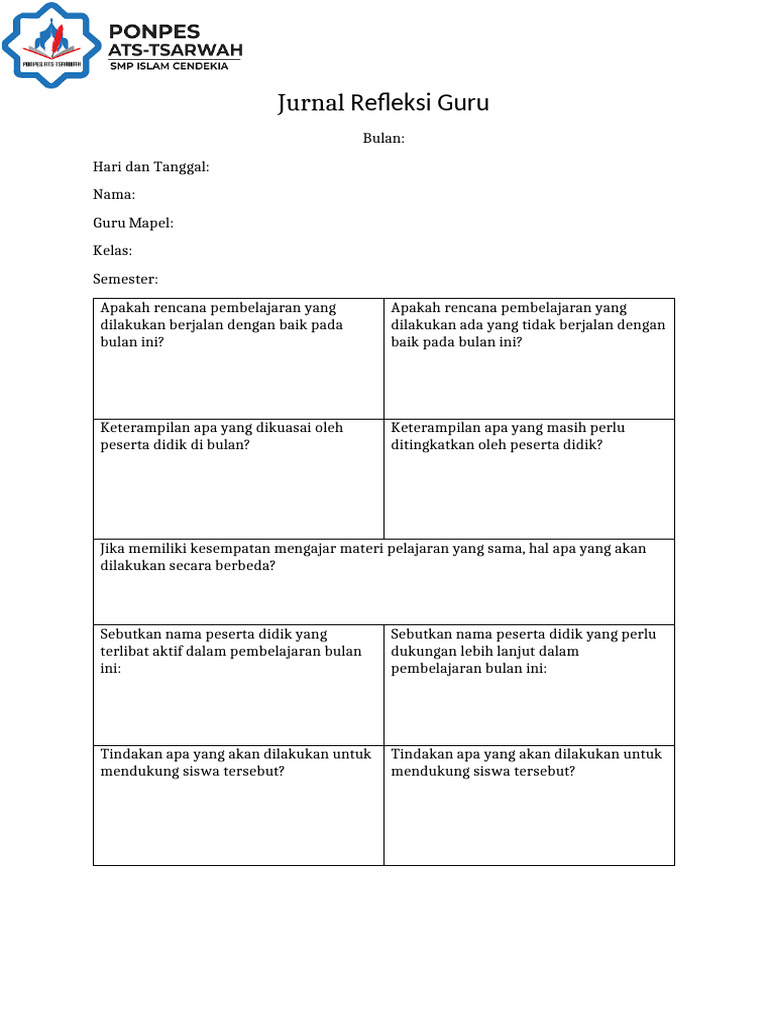 Jurnal Refleksi Pembelajaran Bulanan Guru | PDF