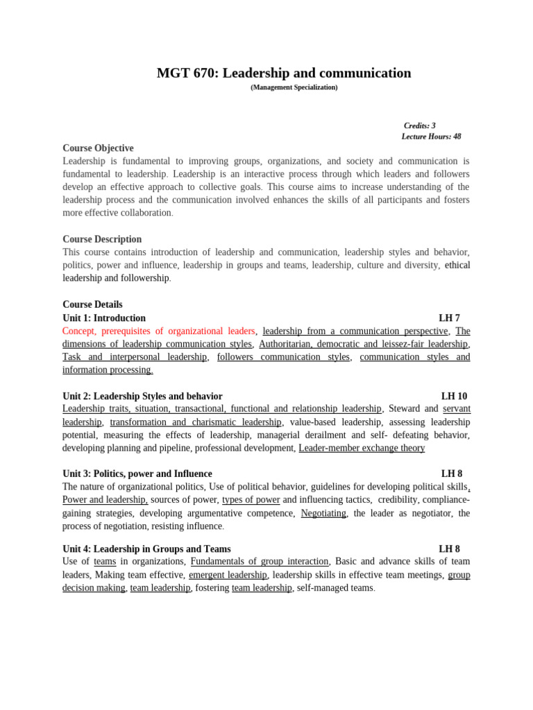 Syllabus Leadership Communication MBS | PDF
