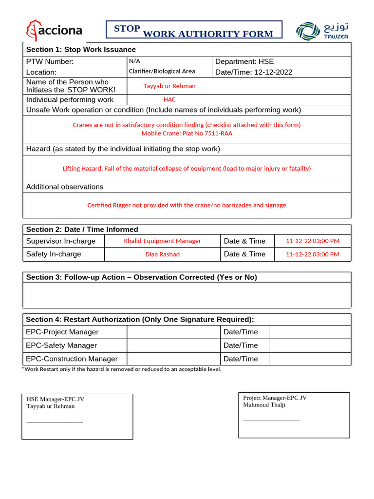 Stop Work Authority Form | PDF