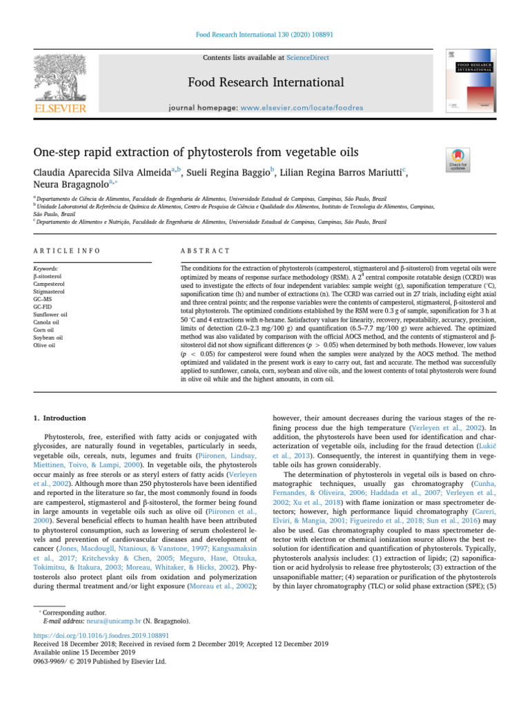 One-Step Rapid Extraction of Phytosterols From Vegetable Oils | PDF