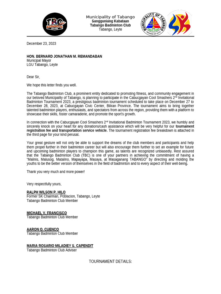 Cabucgayan Tourna Sponsorship Letter | PDF