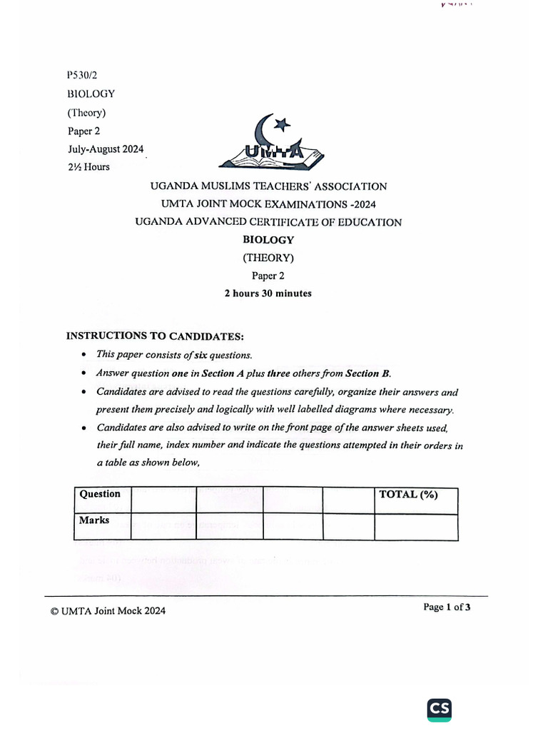 Umta Uace Bio p2 2024 QN and Guide | PDF