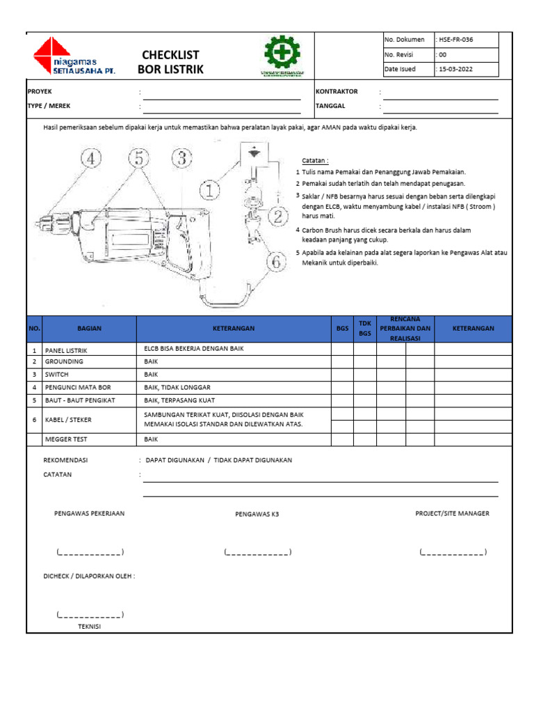 HSE-FR-036 Ceklist Bor Tangan | PDF