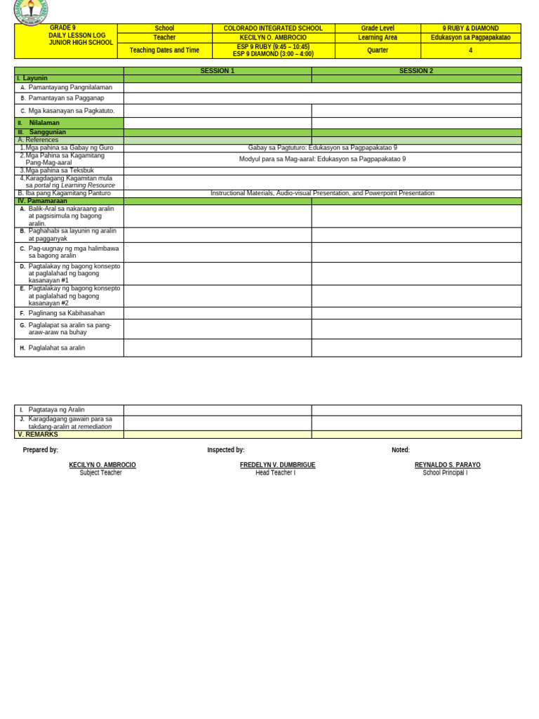DLL Esp 9 - Q4 W1 | PDF