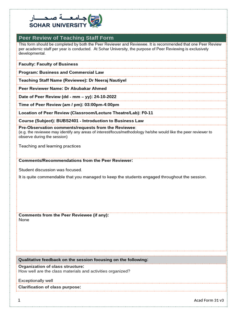 Acad Form 31 Peer Review Form - DR Neeraj | PDF