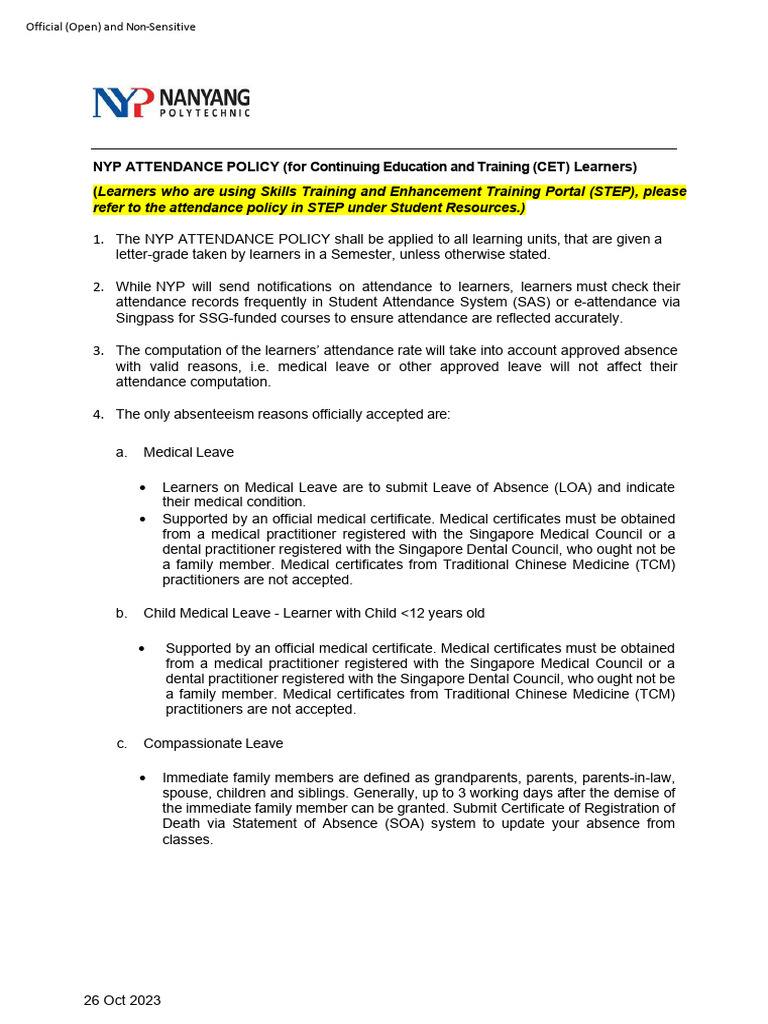 NYP Attendance Policy for CET Learners_SAS | PDF