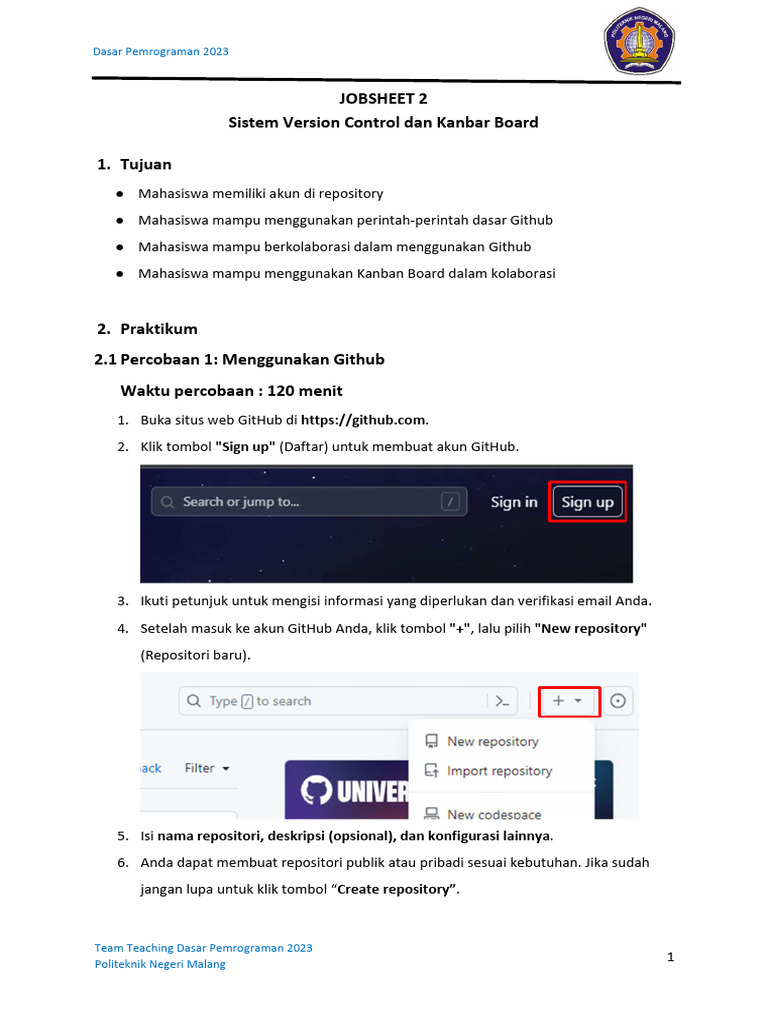 Jobsheet 2 Sistem Version Control Dan Kanban Board | PDF