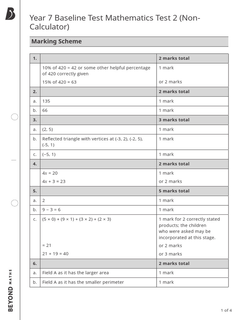 Year 7 Baseline Test Maths Test 2 Non-Calculator - Mark Scheme | PDF ...