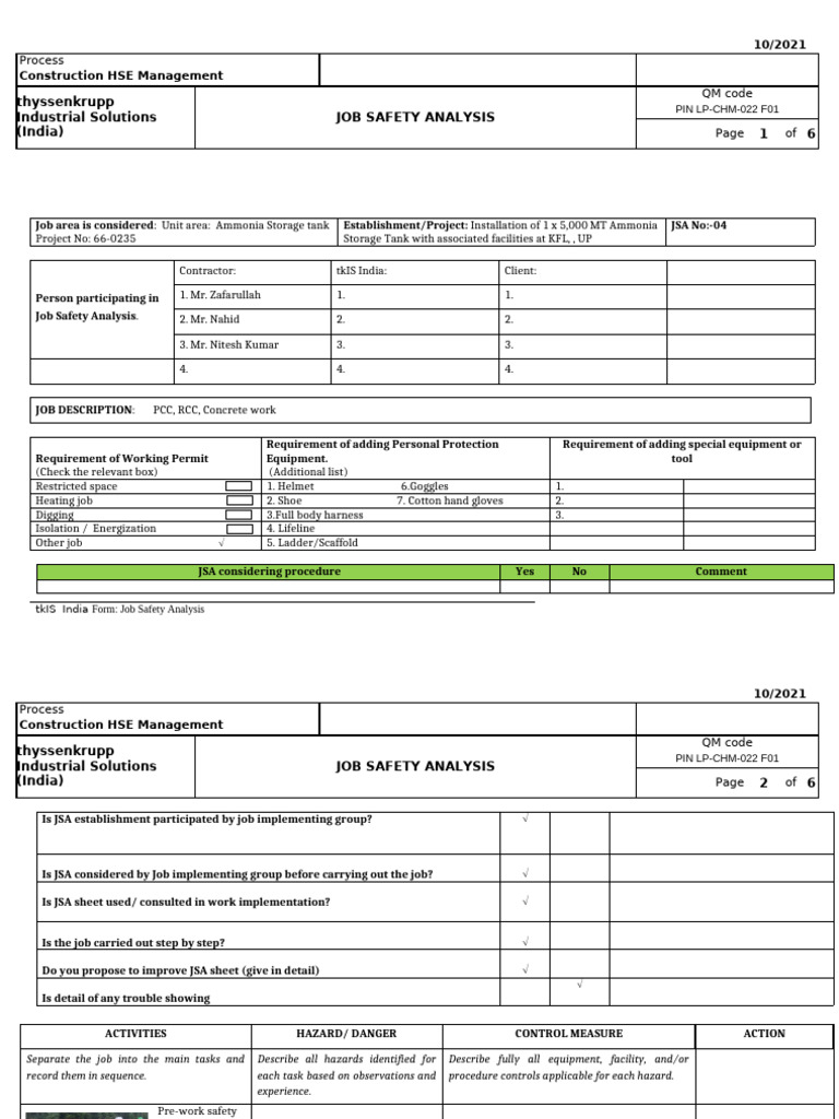 4.JSA For RCC, PCC & Concrete | PDF
