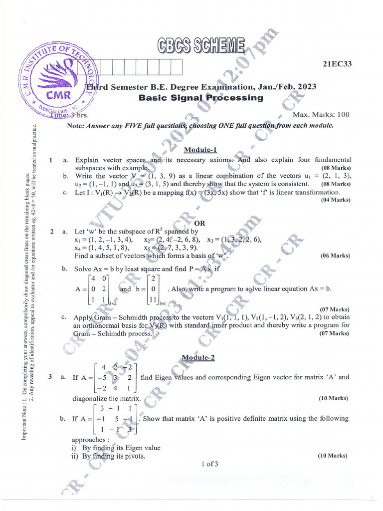 VTU Question Paper of 21EC33 Basic Signal Processing Jan-Feb-2023 | PDF