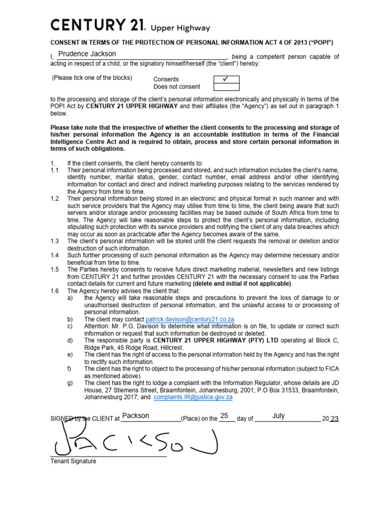 10 POPI Consent Tenant - Prudence | PDF