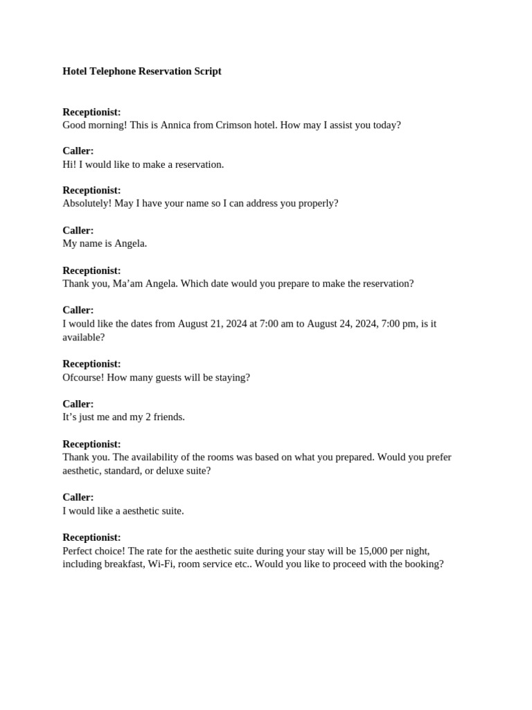 Hotel Telephone Reservation Script | PDF