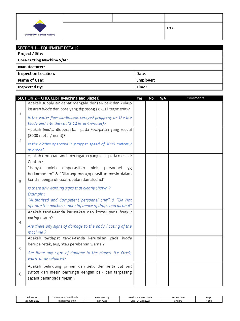 06.d. Core Cutting Machine Inspection Form - (Eng - Ind) - Rev.01 | PDF