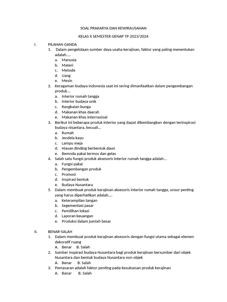 Soal Prakarya X Genap 2024 | PDF