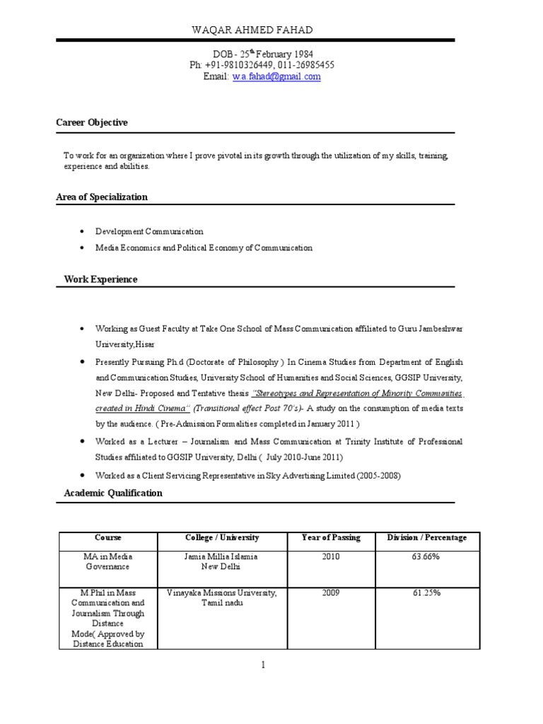 Waqar Ahmed Fahad: Career Objective | PDF | Doctor Of Philosophy | Academia