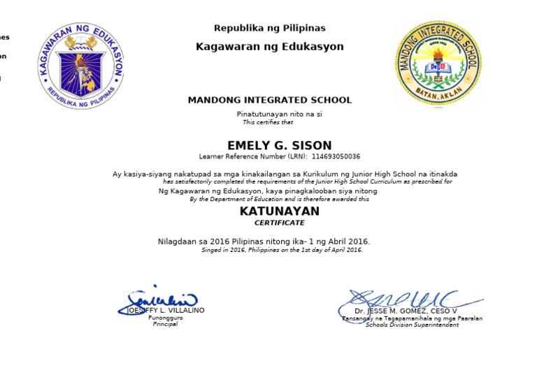 Junior High School Completion Certificate | PDF