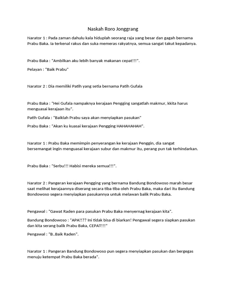 Naskah Roro Jonggrang Bindo | PDF