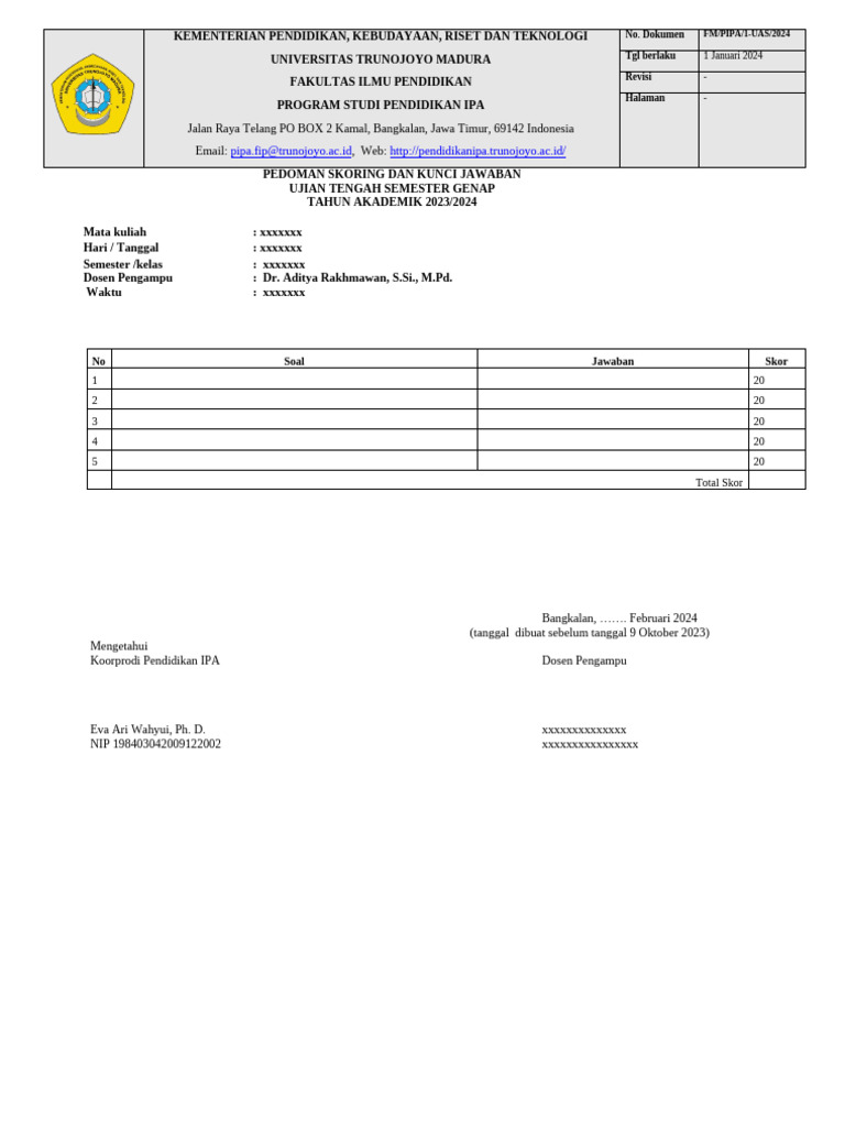 Template - Pedoman penskoran Pendidikan IPA 23-24 | PDF