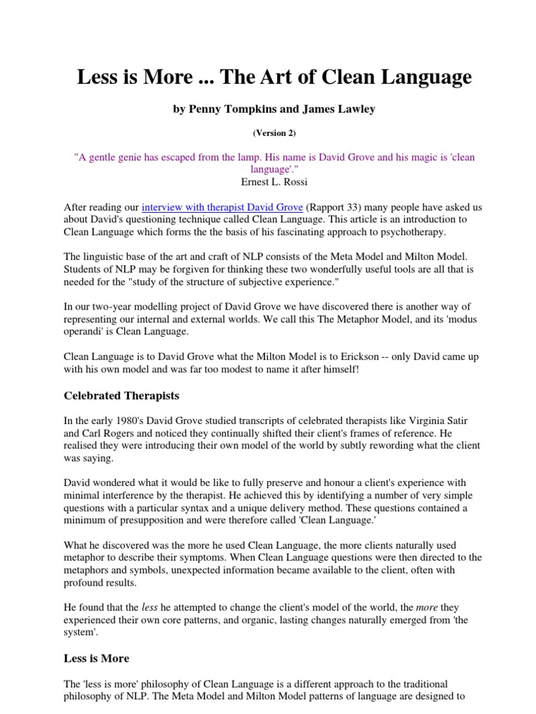 Less Is More ... The Art of Clean Language: by Penny Tompkins and James ...