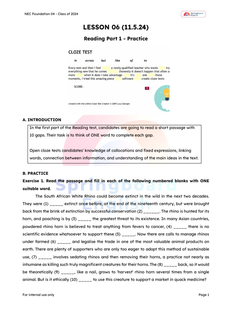 (NECF4) Lesson 06 (11.5) - Reading Part 1 Practice | PDF