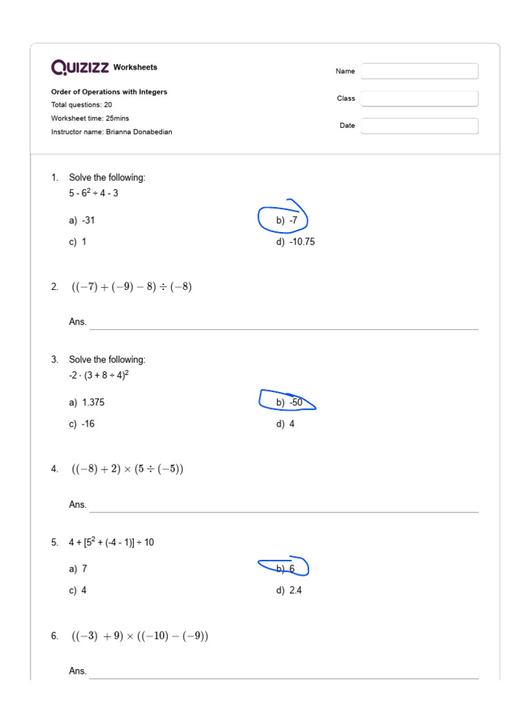 Quizizz - Order of Operations With Integers | PDF
