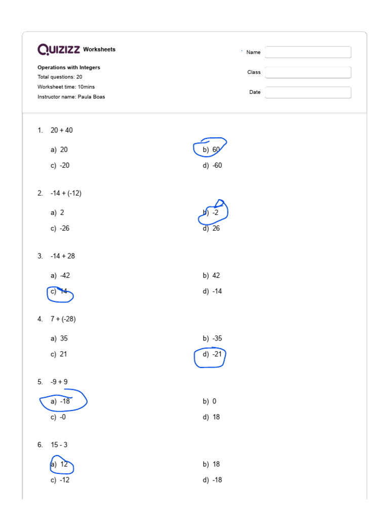 Operations With Integers - Quizizz | PDF
