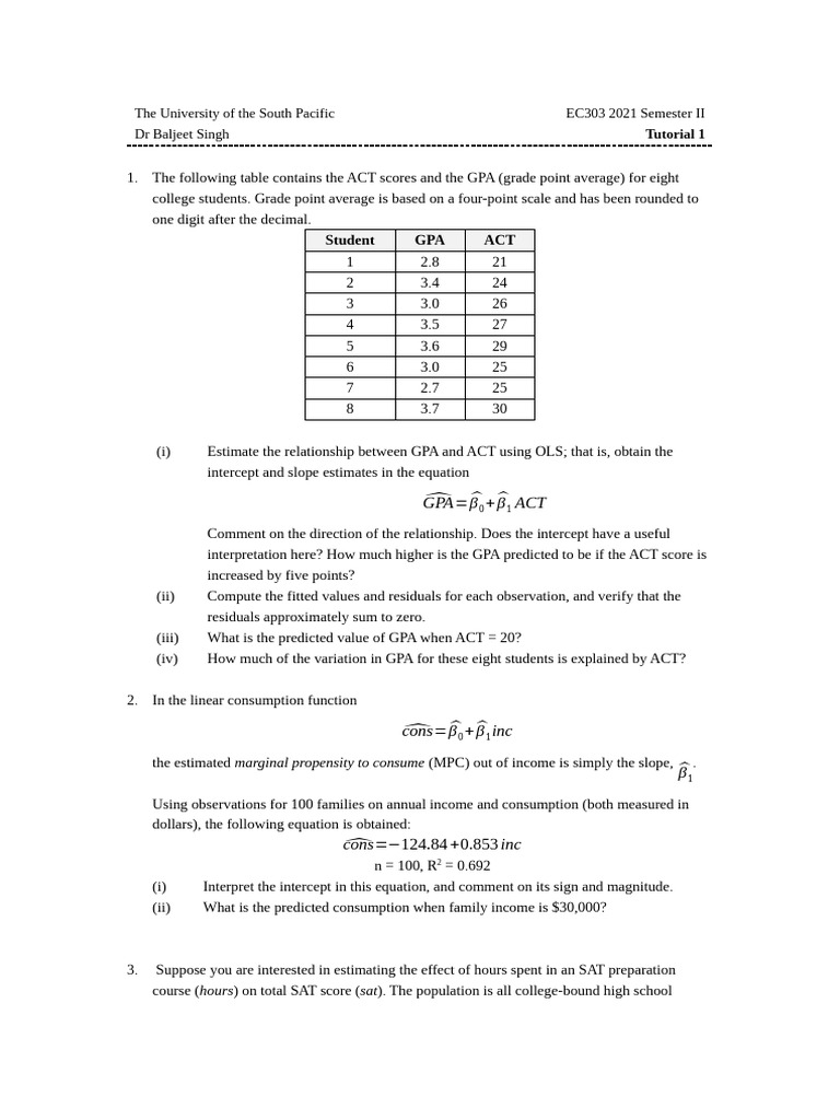 Tutorial 1 - Simple Linear Regressions | PDF