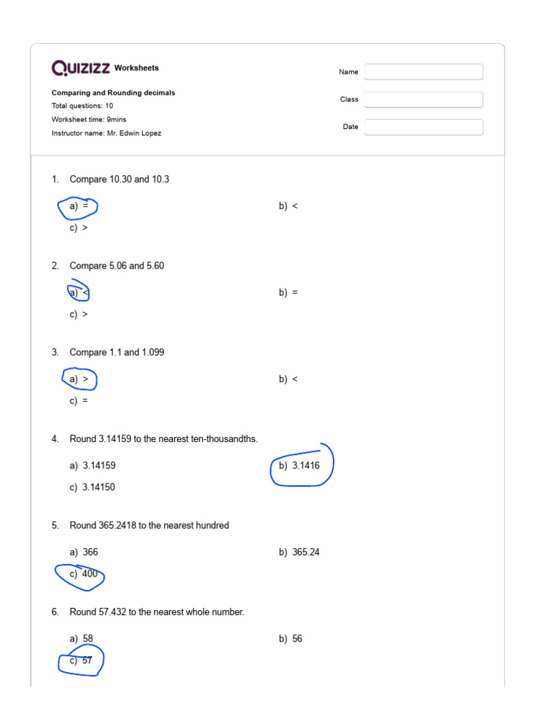 Comparing and Rounding Decimals - Quizizz | PDF