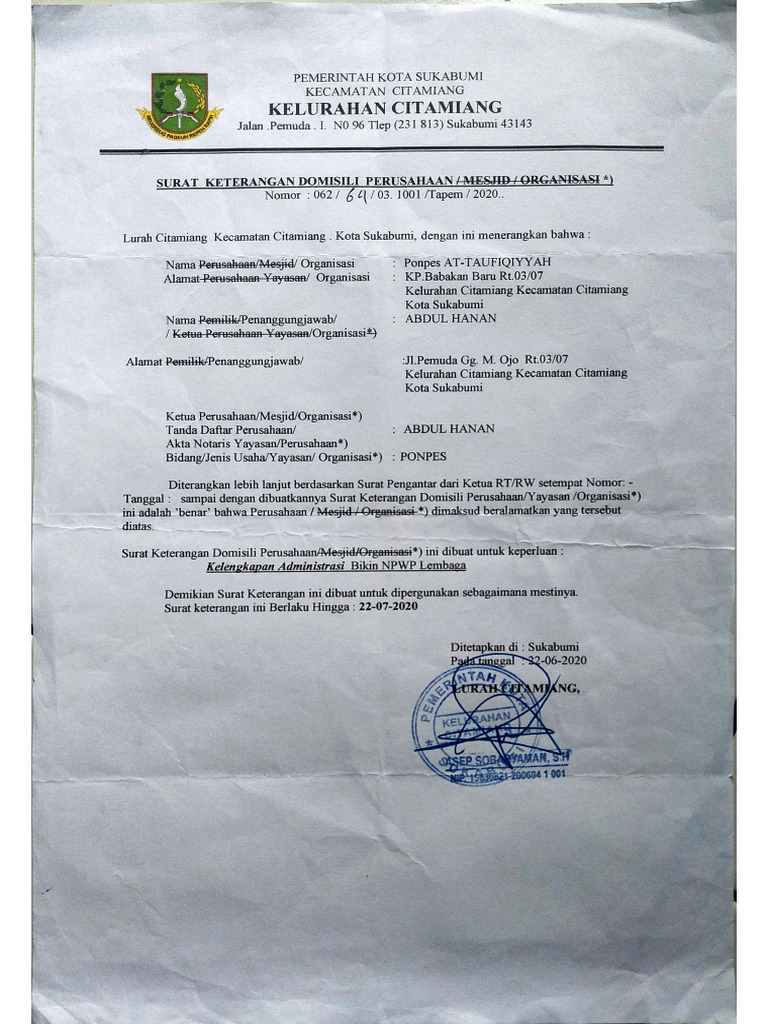 Surat Keterangan Domisili Perusahaan | PDF