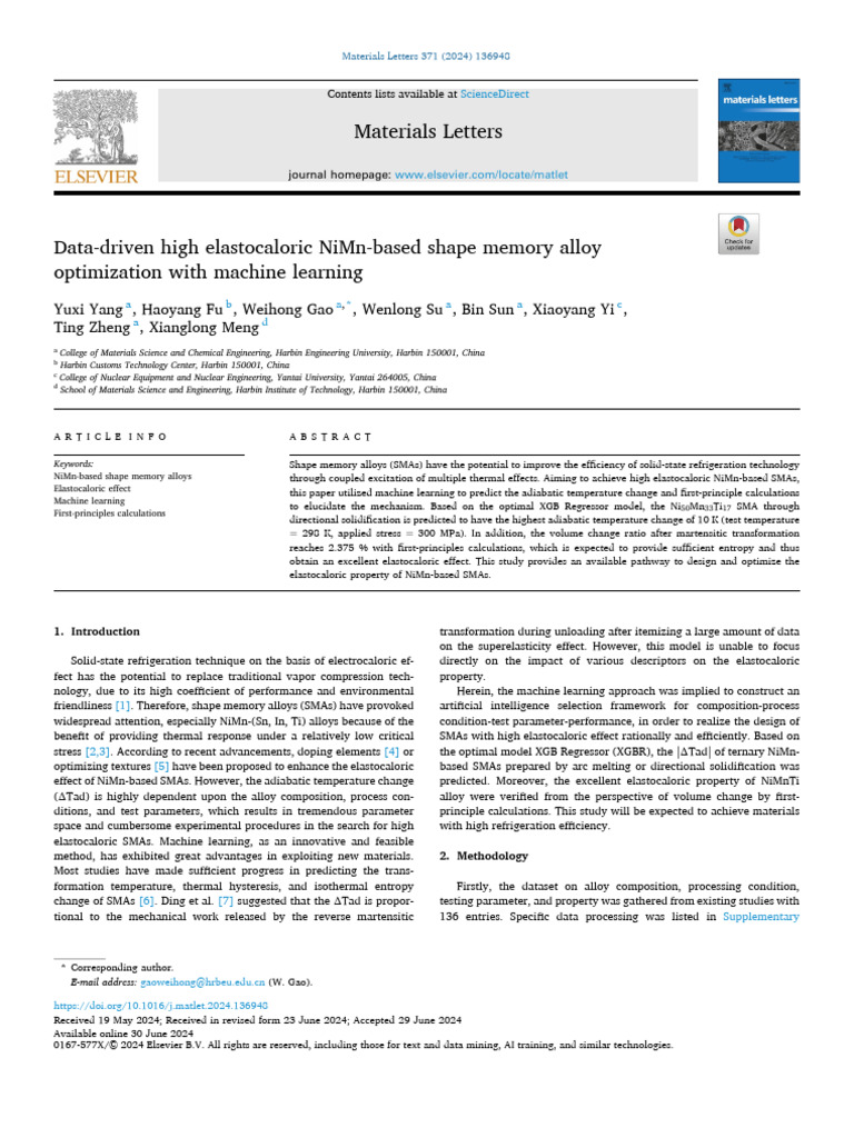 Data Driven High Elastocaloric NiMn Based Shape Memory Alloy - 2024 ...