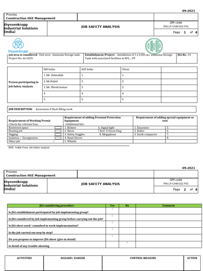 1.excavation & Back Filling-Job Safety Analysis | PDF