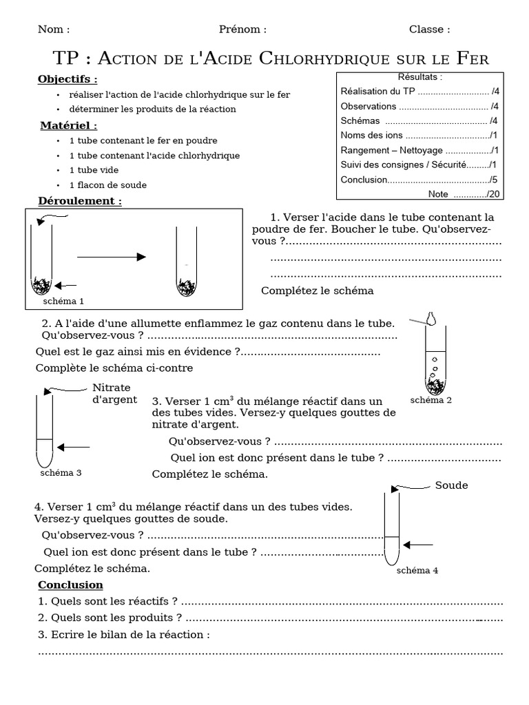 TP - ACTION DE L 'ACIDE CHLORHYDRIQUE SUR LE FER - Free | PDF