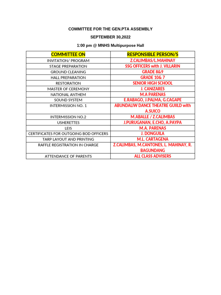 COMMITTEE FOR THE GEN - Pta Assembly | PDF
