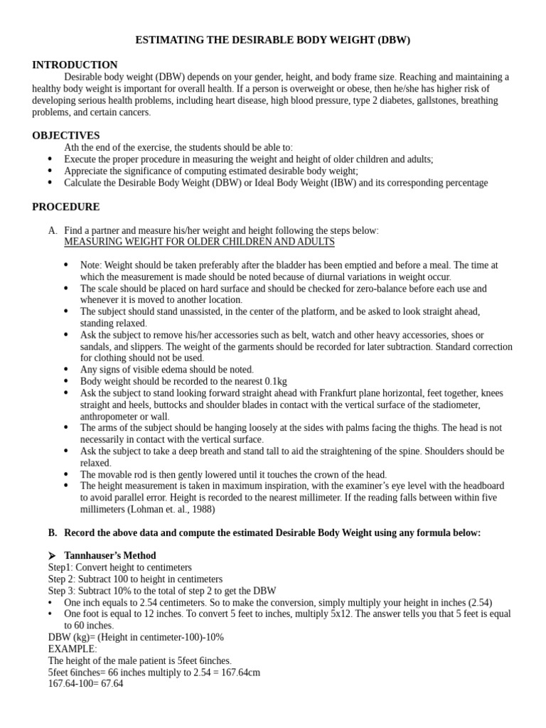 DBW Calculation Guide for Students | PDF | Body Mass Index | Obesity